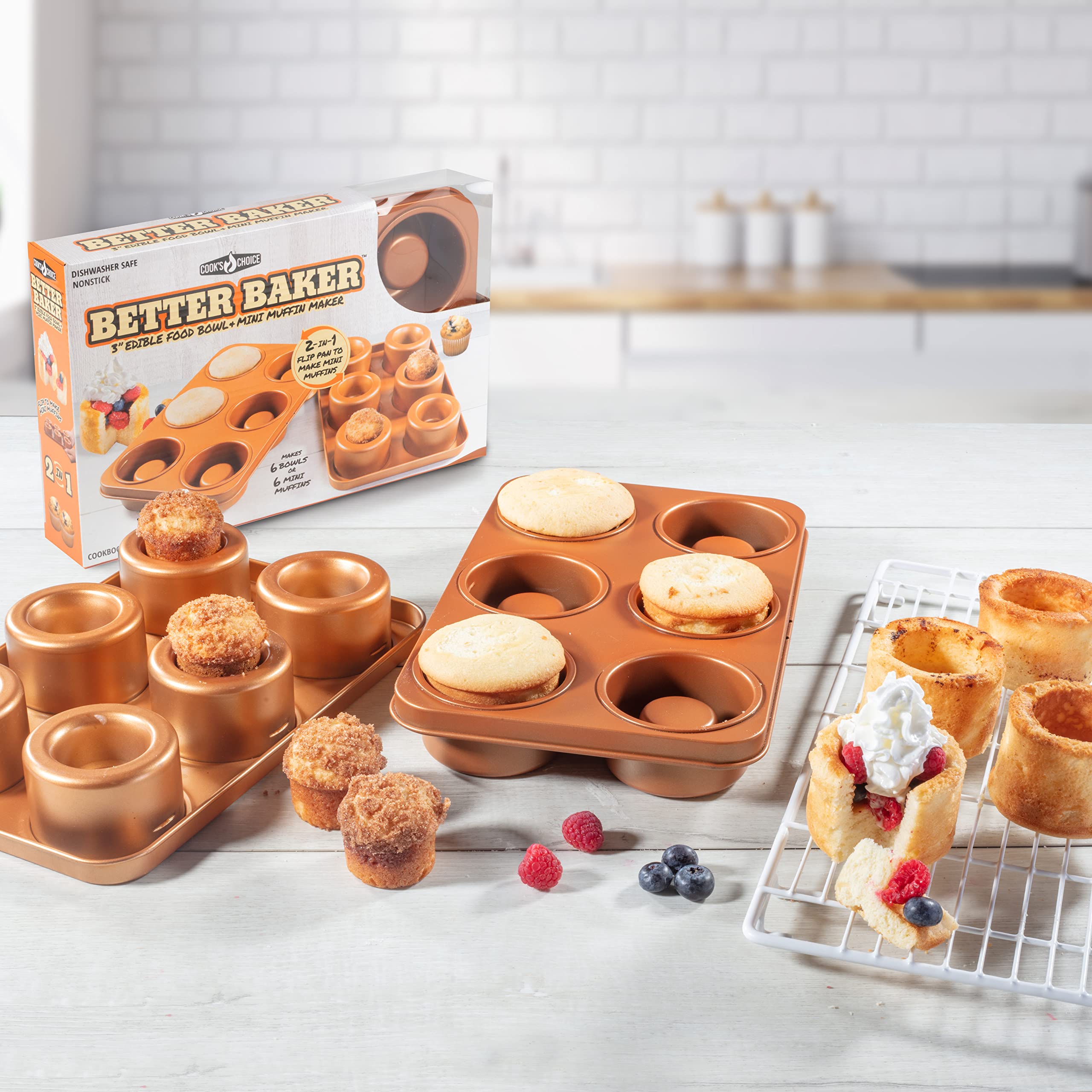 COOK'S CHOICE 2-In-1 Better Baker Edible Food Bowl & Muffin Maker- Simply Flip to Bake six 3" Bowls or Cupcakes- Stainless Steel Non-Stick Bakeware Pan - Perfect for Appetizers & Desserts