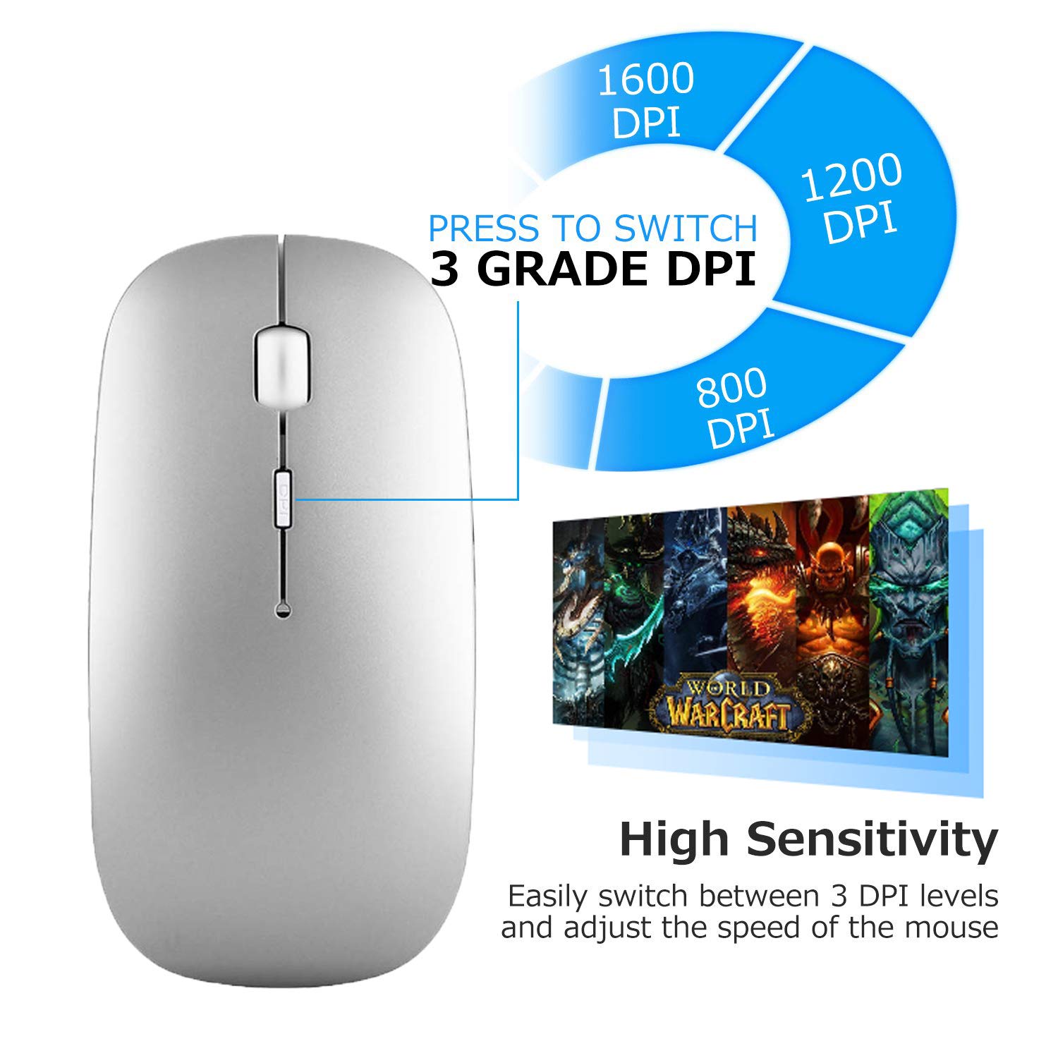 QIJIAYI Bluetooth Ergonomic Mouse for Mac,Rechargeable Wireless Bluetooth Mouse,2.4G Wireless Mice 4 Button and 3 Adjustable DPI for Laptop/Computer/Windows (Silver)