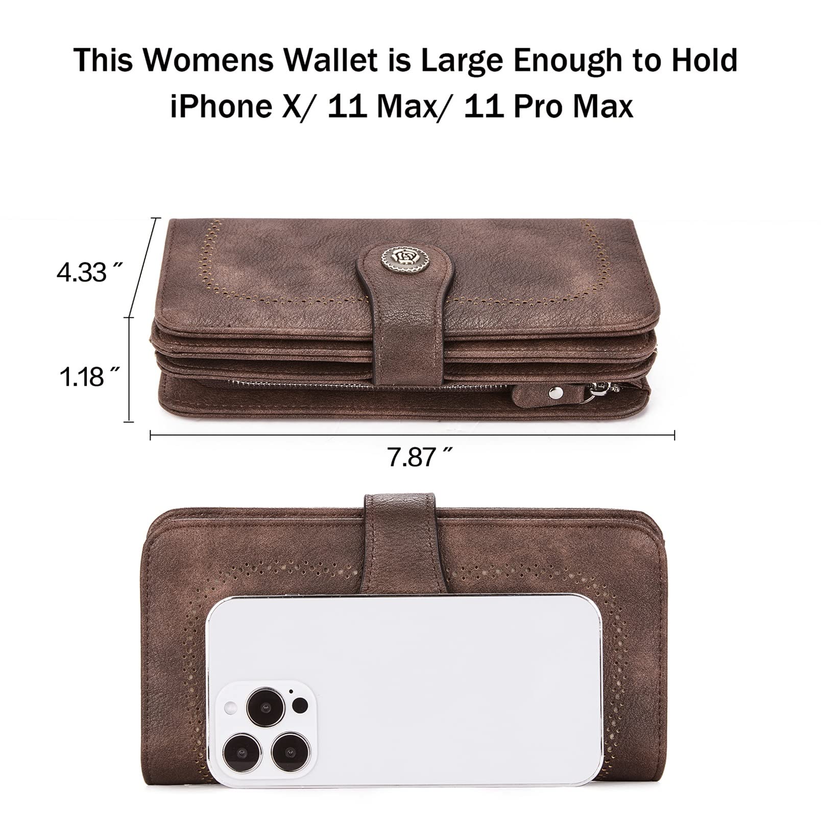 Telena Wallets for Women Large Capacity Zipper Wristlet Clutch Purse Coffee