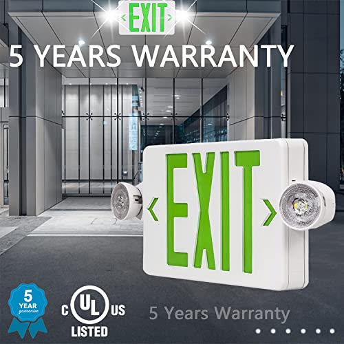 Green LED Exit Sign Emergency Light Combination Adjustable Two Heads and Battery Backup, US Standard Commercial Emergency Exit Lighting, Fire Resistant UL 924 AC 120/277V (8-Pack)