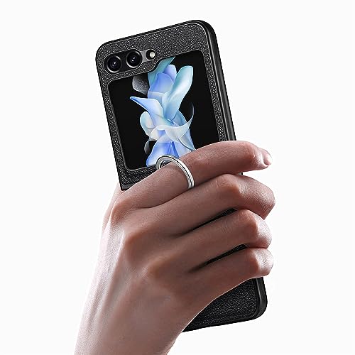 phone protective flip case Case Compatible with Samsung Galaxy Z Flip 5 Case with Ring ,Galaxy Z Flip 5 2023 Premium PU Leather Protective Phone Case Cover ,Slim Thin Protection Wireless Charging Shoc