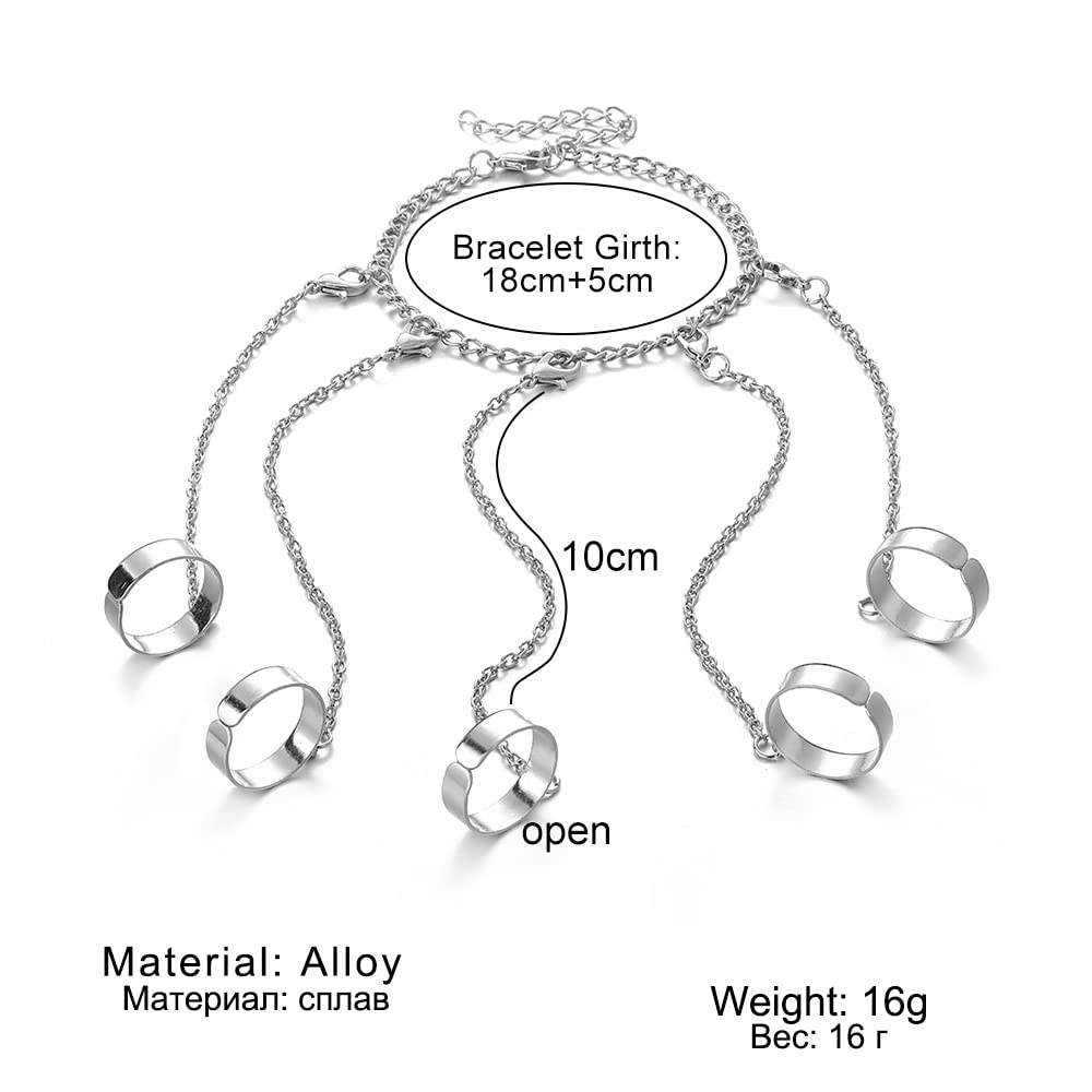 BENBIYO Chain Finger Rings Bracelet Adjustable Stainless Steel Silver Gothic Punk Cool Statement Stackable Rings for Eboy Egirls Women