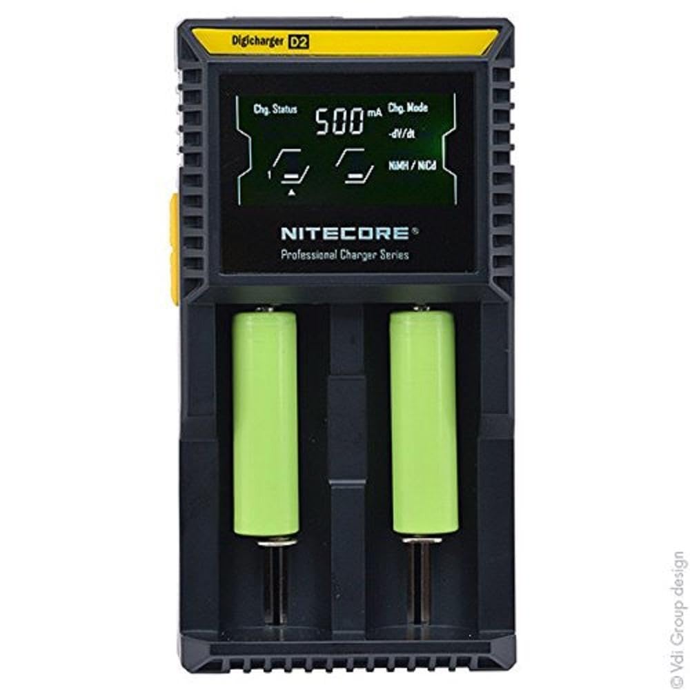 Nitecore D2 EU Battery Two Bays Charger with LCD Display,Black,Li-ion (26650, 22650, 18650, 17670, 18490, 17500, 18350, 16340(RCR123), 14500, 10440). Ni-MH and Ni-Cd (AA, AAA, AAAA, C) rechargeable batteries