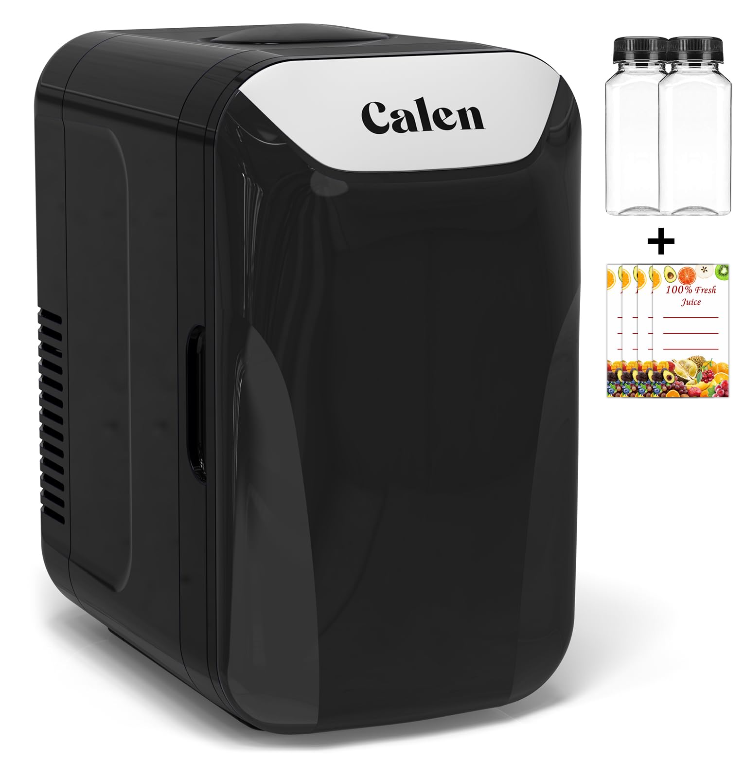 CALEN Mini Fridge with 2 Bottles, 6L/8 Cans Mini Fridge for Bedroom, Skincare Fridge 110V AC/12V DC Small Refrigerator for Food, Beverages, Cosmetics, Portable Mini Refrigerator for Office, Dorm, Car