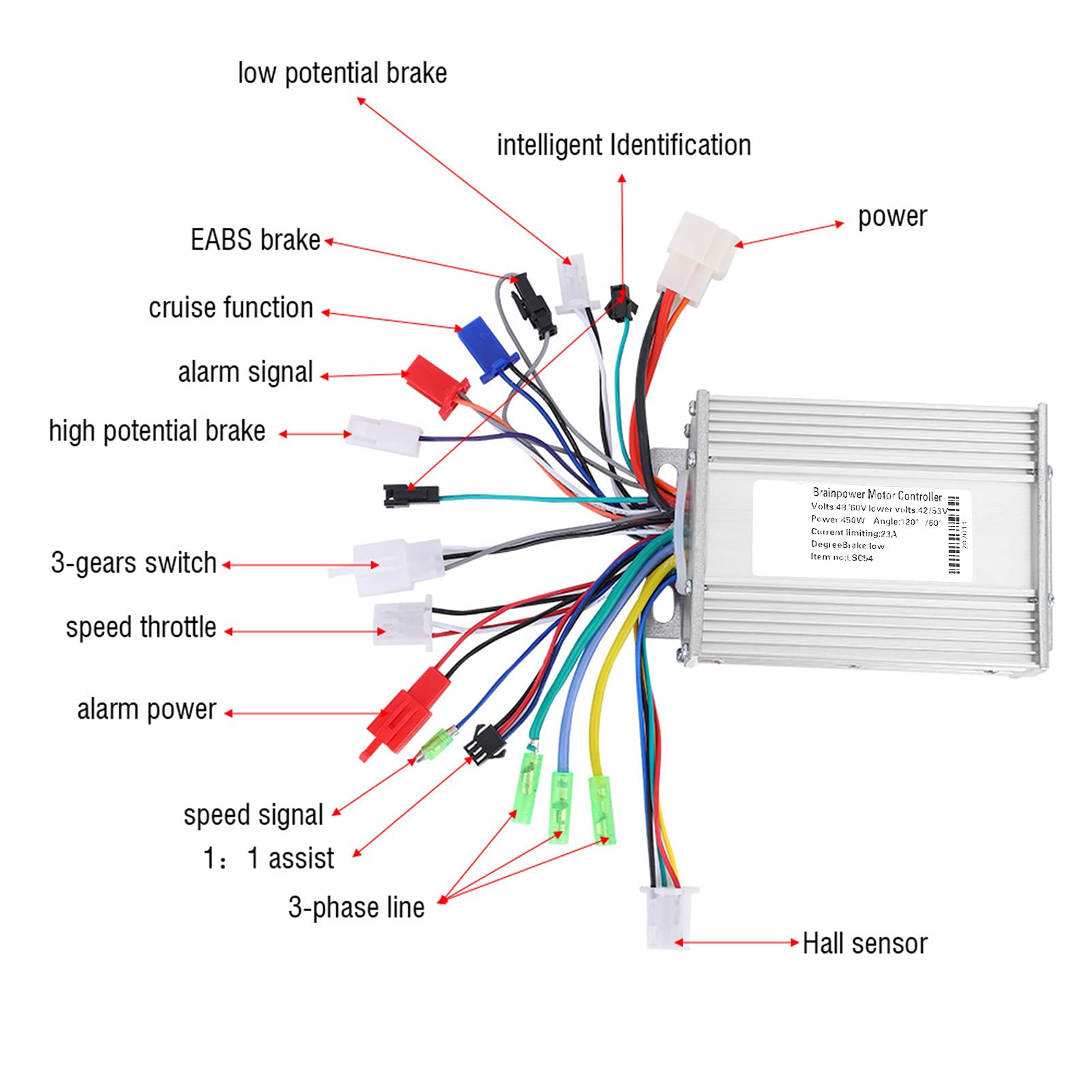 Bnineteenteam 450W Motor Brushless Controller,Aluminium Alloy Electric Bike Speed Motor Controller for Electric Scooter (48V/60V 450W)