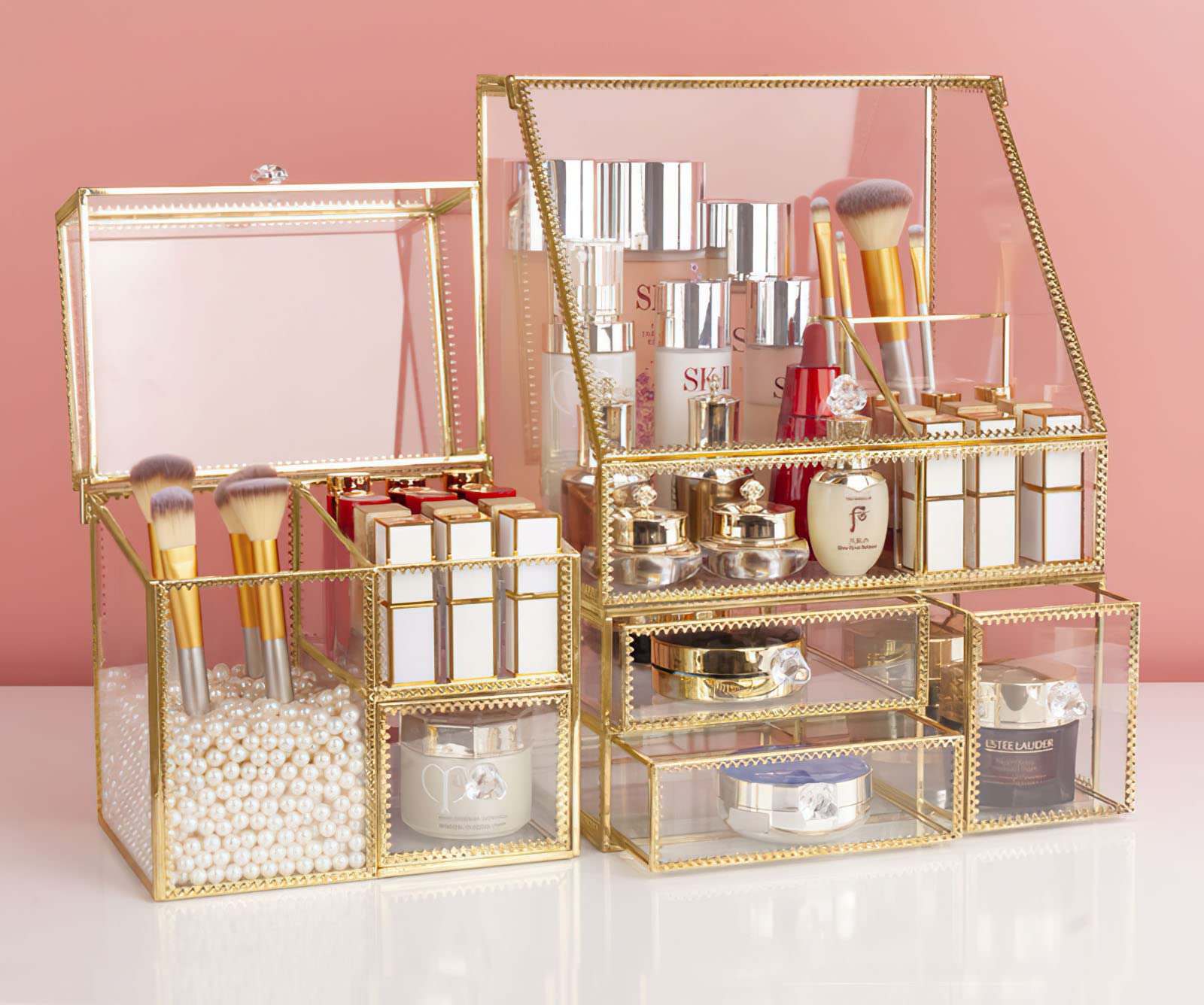 CONHENCI Large Glass Makeup Organizer Drawer Set Beauty Storage Bathroom Counter Organizer Cosmetic Display (11.5inx8.5inx5.5in)