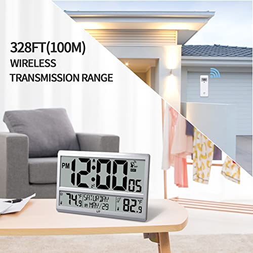 LFF Atomic Clock 4.5" Numbers, Atomic Wall Clock with Indoor & Outdoor Temperature,Never Needs Setting, Battery Operated, Date, Time, Wireless Outdoor Sensor, Jumbo Display Easy to Read