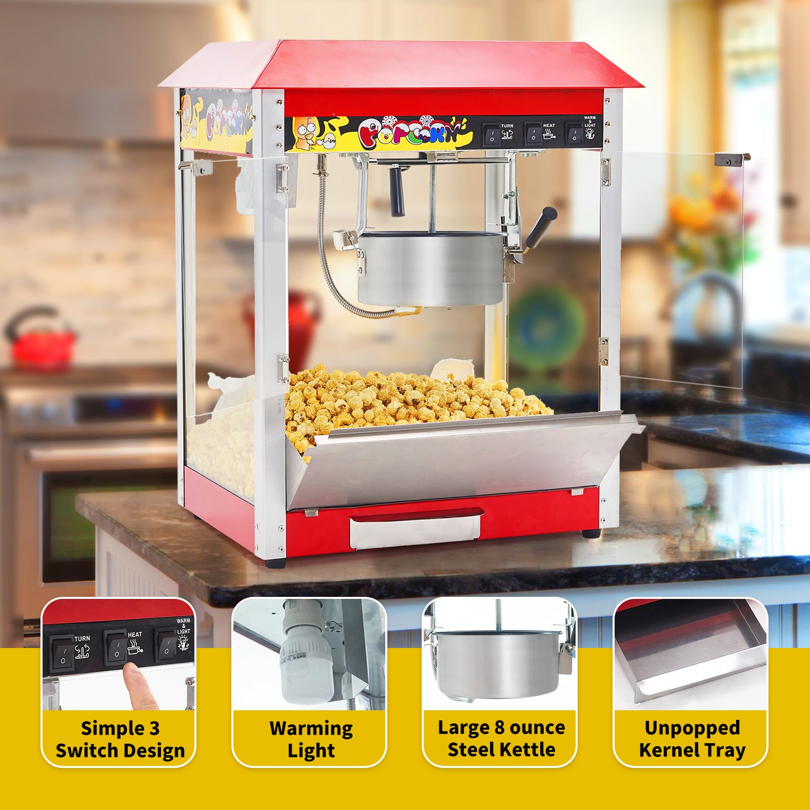 DEYGIA Commercial Popcorn Machine, 10 Oz Kettle, 1300W Countertop Popcorn Maker for 60 Cups per Batch, Movie Theater Popcorn Popper with 3-Switch Control, 2 Scoops 1 Cup