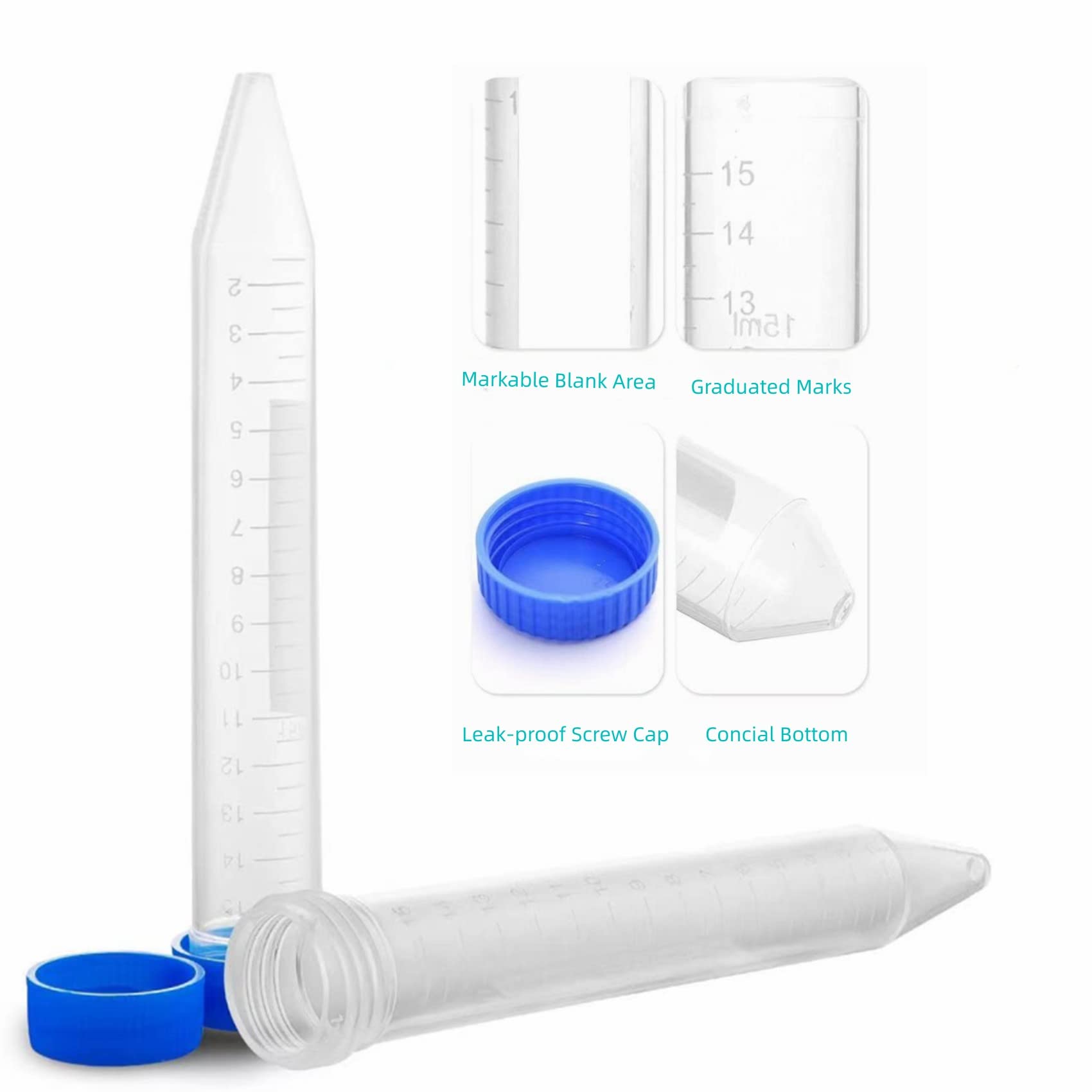 Conical Centrifuge Tubes 15ml,50 Pcs Sterile Plastic Tset Tube with Blue Screw Caps,Polypropylene Plastic Container with Graduated and Write Marks, Non-Pyrogenic, DN/RNase Free