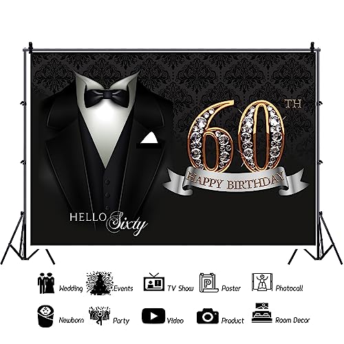 DORCEV 5x3ft Men 60th Birthday Party Backdrop Black Gold Diamonds Bow Tie White Shirt Suit Tuxedo Backdrop for Birthday Party Hello Sixty Happy 60th Birthday Dinner Party Background Banner Props