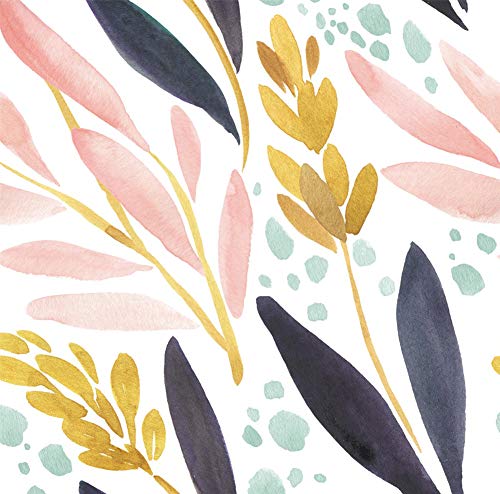 HAOKHOME 93027 Watercolor Forest Peel and Stick Wallpaper Removable White/Pink/Navy/Yellow Floral Vinyl Self Adhesive Shelf Liner 17.7in x 9.8ft