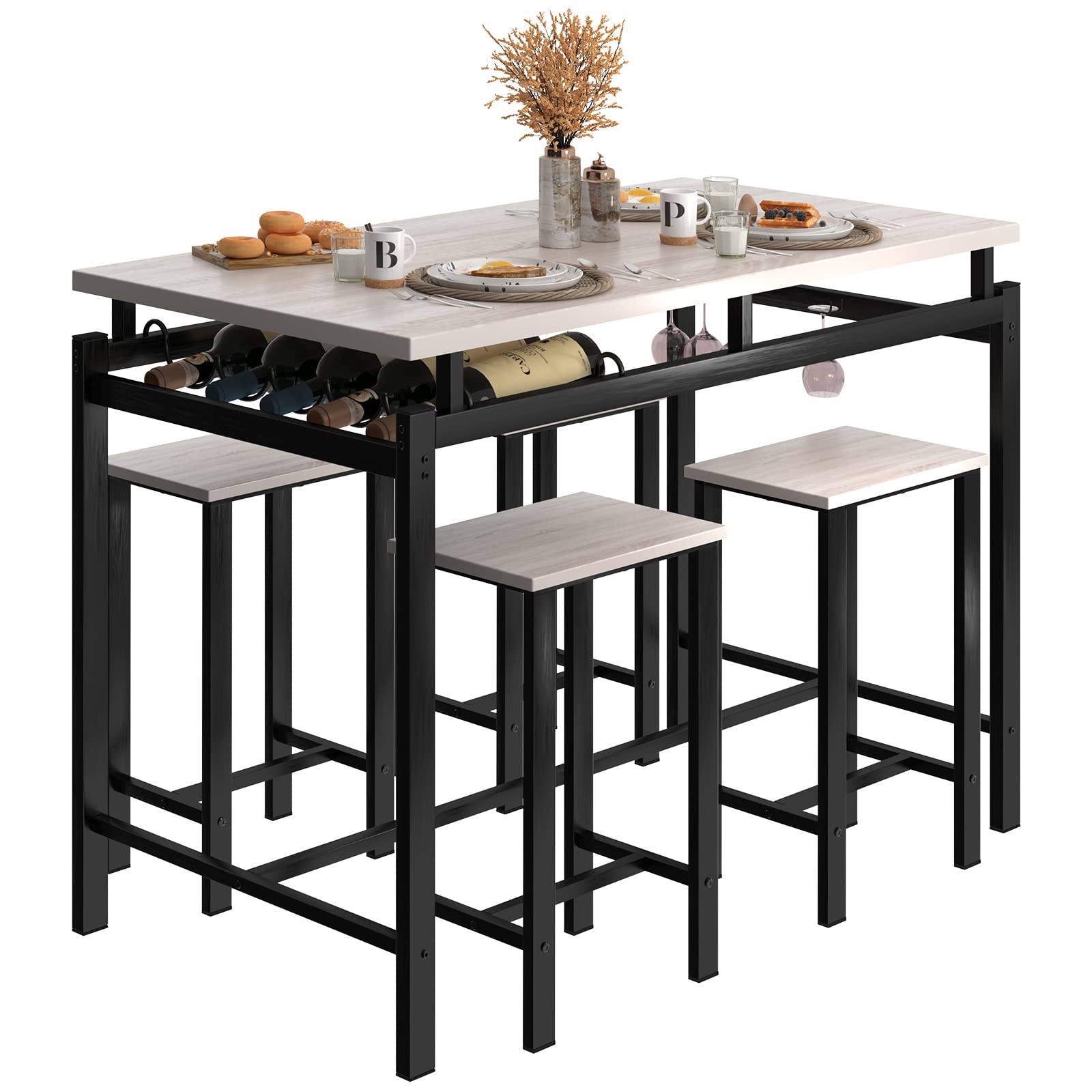 basenji Dining Table Set for 4, 5 Piece Kitchen Table and Chairs with Wine Rack and Glass Holder, Bar Table and Chairs Set Space Saving for Pub Breakfast (Oak Wine Rack)
