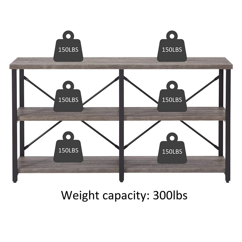 BON AUGURE Rustic Console Table Behind Sofa, Industrial Entryway Table with Storage Shelves, 3 Tier Long Bookshelf for Entry (55 Inch, Dark Grey Oak)