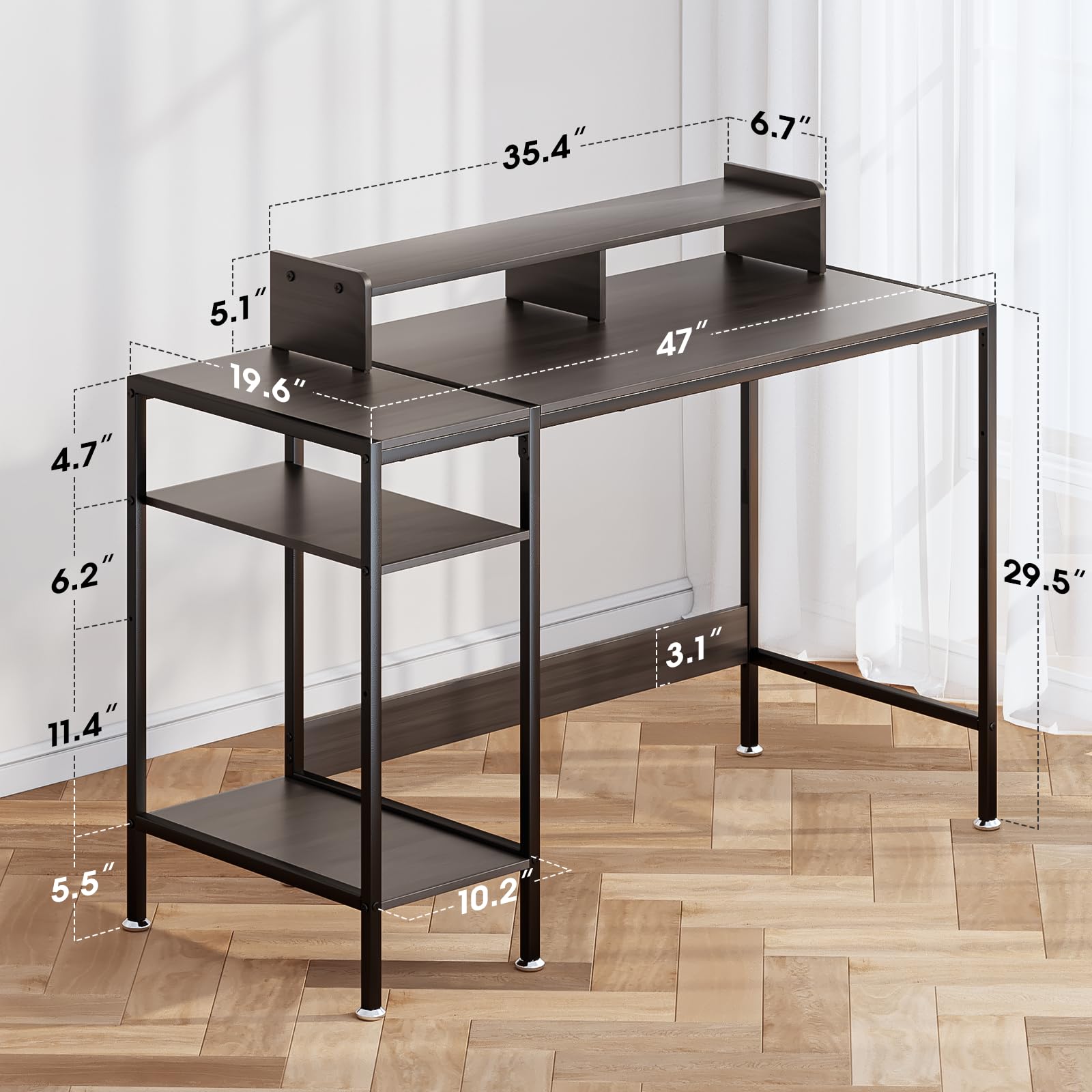 GZSHIYITECH 47”Gaming Desk/Computer Desk,Home Office Desk with Monitor Stand, Writing Desk for 2 Monitors,Desk Adjustable Storage Space, Firm and Practical Small Desk,Modern Design Corner Desk(Black