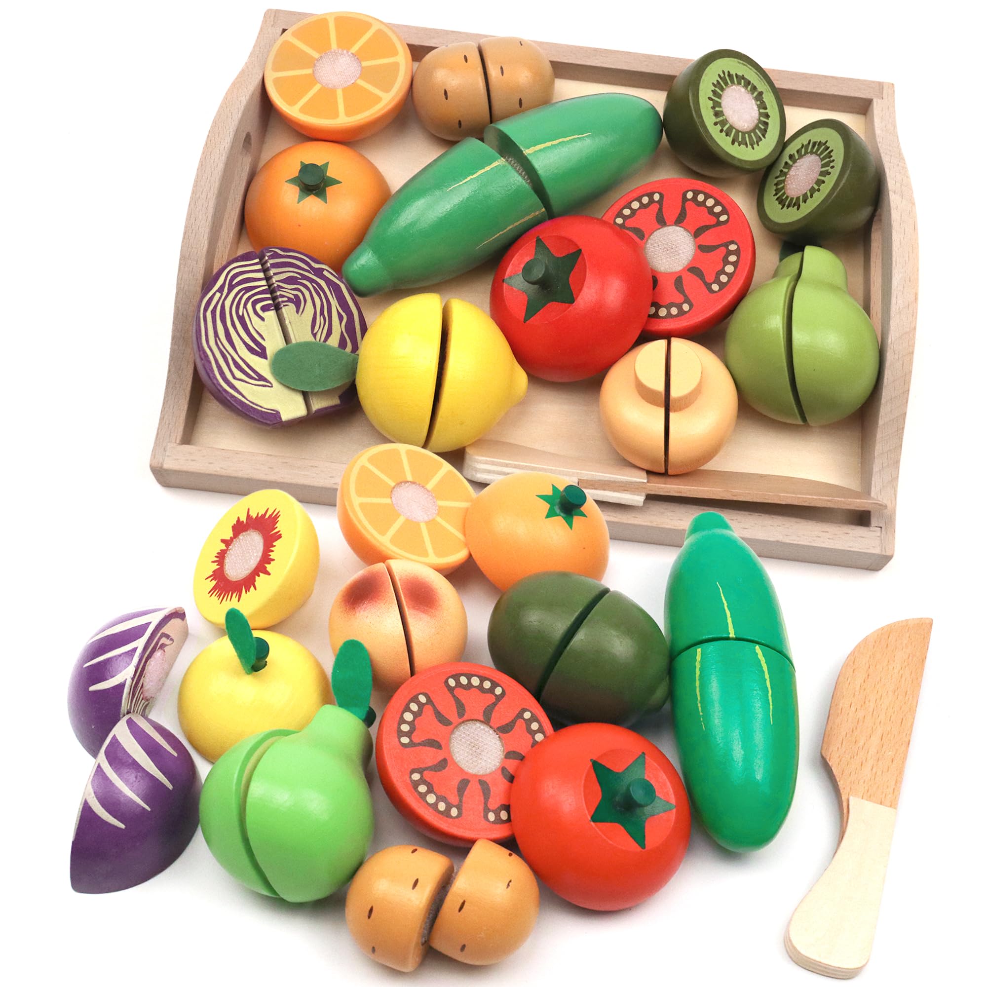 Wooden Cutting Fruit Vegetables Set for Kids - Pretend Play Food Toy Set with Wooden Knife and Tray Learning Toys for Toddlers (Fruit-E)