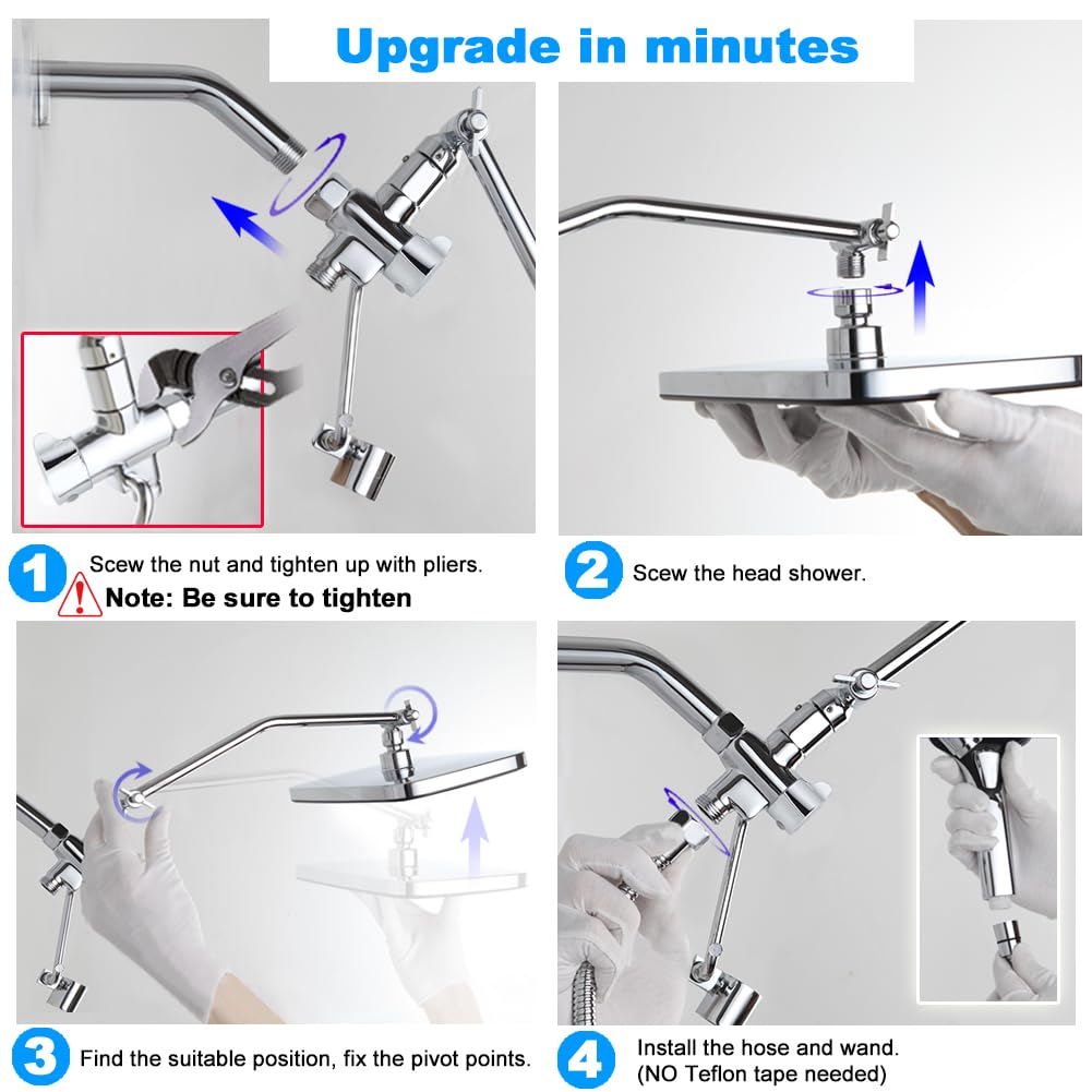 CyberWater 12 Inch Shower Head with Handheld Spray Chrome Built-in Power Wash Mode 3-way Diverter with Pause Setting, Adjustable Extension Shower Arm, 71 Inches Stainless Steel Hose