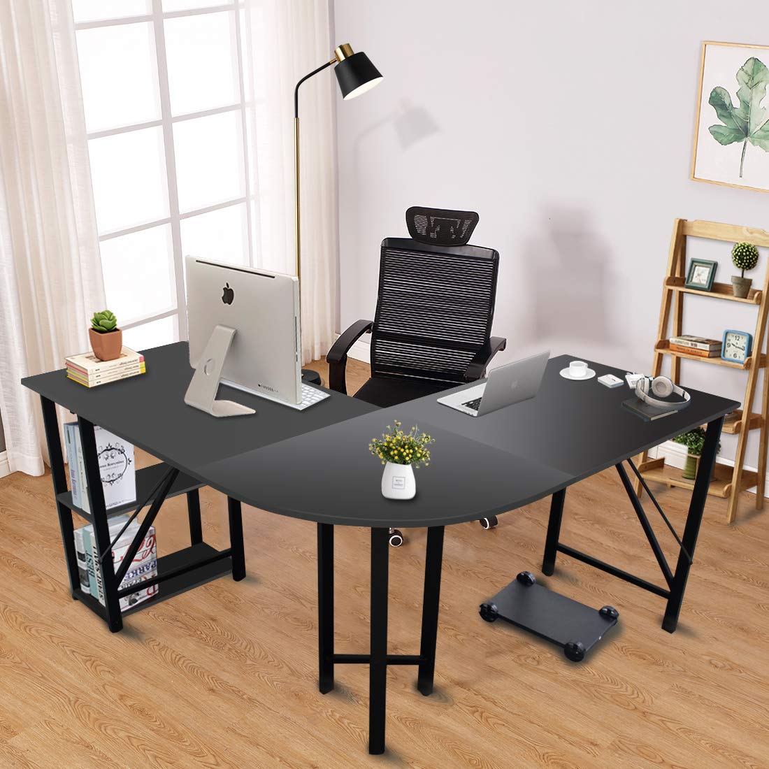 Bizzoelife 59"x55" Large L Shaped Corner Table Computer Desk, Home Office PC Laptop Gaming Desks with CPU Stand and Storage Shelf, Wood & Steel Study Writing Workstation for Space-Saving (All Rustic)