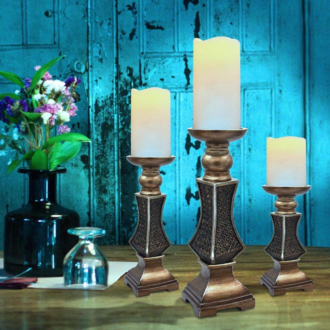 QUABUY Resin Candle Holders (Set of 3) Small 8", Medium 10", Large 12" (H). Ideal for Home Decorations for Living Room, Dining Room Table, Weldings, Parties, Special Events ( Gold )