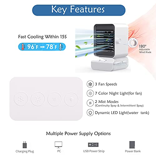 Mini Air Conditioner - Portable Air Conditioner Fan Small AC Unit Personal Desktop Air Cooler Fan - 3 Wind Speeds 7-Color NightLight & Humidify for Dorm Room Office