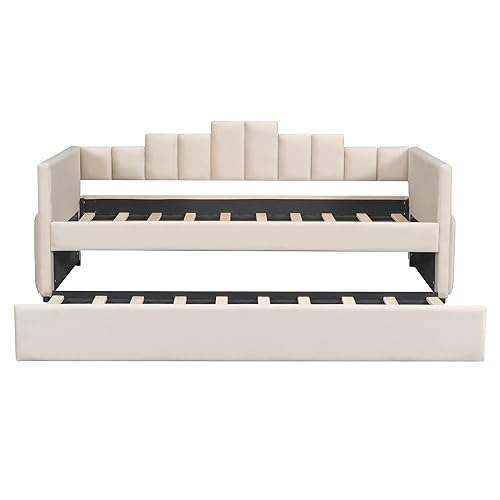 DEYOBED Twin Size Upholstered Daybed with Trundle, Light and 2 USB Ports, Twin Day Bed Sofa Bed Frame for Bedroom Living Room Guestroom, No Box Spring Needed, Beige