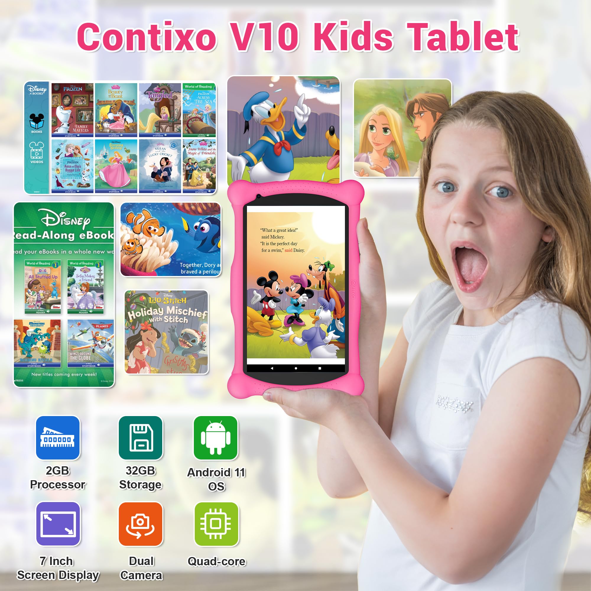 Contixo Kids Tablet, V10 7 Inch Tablet for Kids and Smart Watch Bundle, 2GB 32 GB Toddler Tablet with Bluetooth, with Smart Watch/Touch Screen, Camera, Video and Audio Recording, MP3 Player-Pink