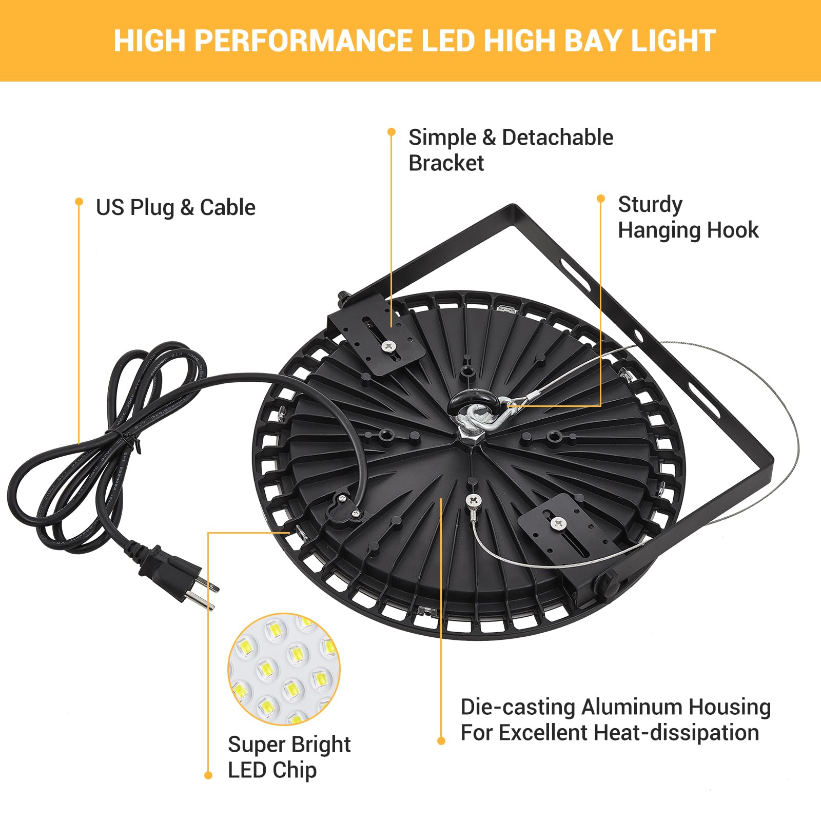 DADUL 6 Pack UFO LED High Bay Light, 150W 16,500LM LED High Bay Light, 6500K Daylight LED Shop Lights with US Plug, IP65 Waterproof Commercial Bay Lighting for Workshop, Garage, Warehouse