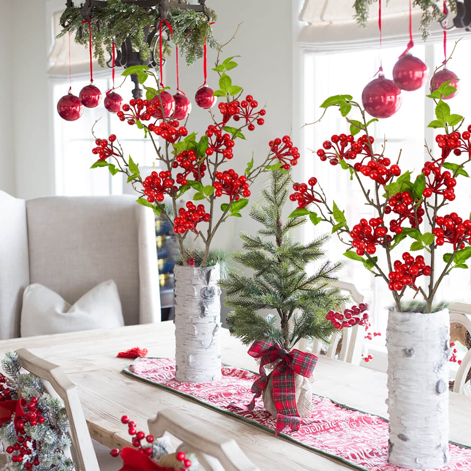 Phliofd 2 Pack Christmas Red Berries Picks 32in Red Berry Stems Christmas Decoration Red Christmas Ornaments for Home Kitchen Outdoor Garden Wedding Party Holiday Decor