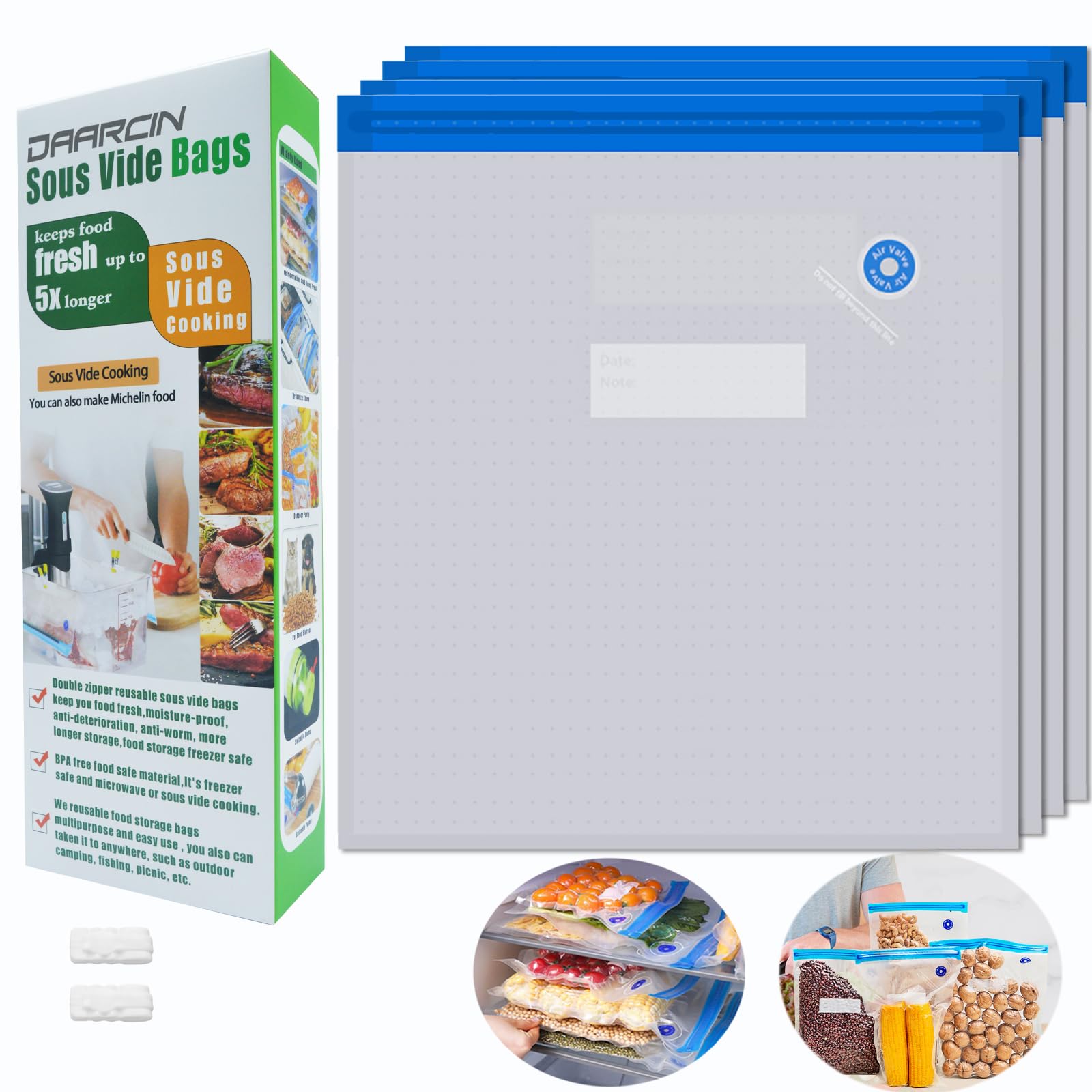 Daarcin Super Large Sous Vide Bags15pcs kit,BPA Free Reusable Vacuum Sealer Bags and 2pcs Sealing Clips for Food Storage and Sous Vide Cooking(11.8x13.4in/30x34cm)
