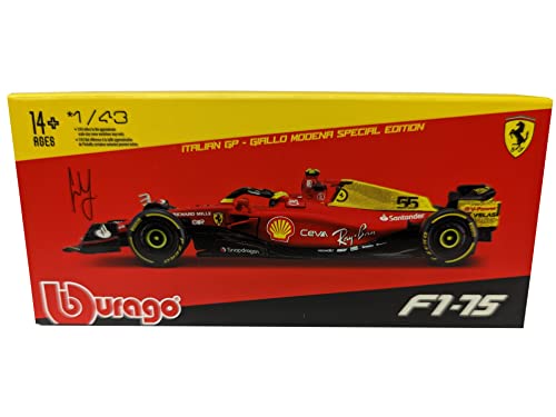 F1-75#55 Carlos Sainz Giallo Modena Formula One F1 Italian GP (2022) "Formula Racing Series with Display Case 1/43 Diecast Model Car by Bburago 36831CSMZ
