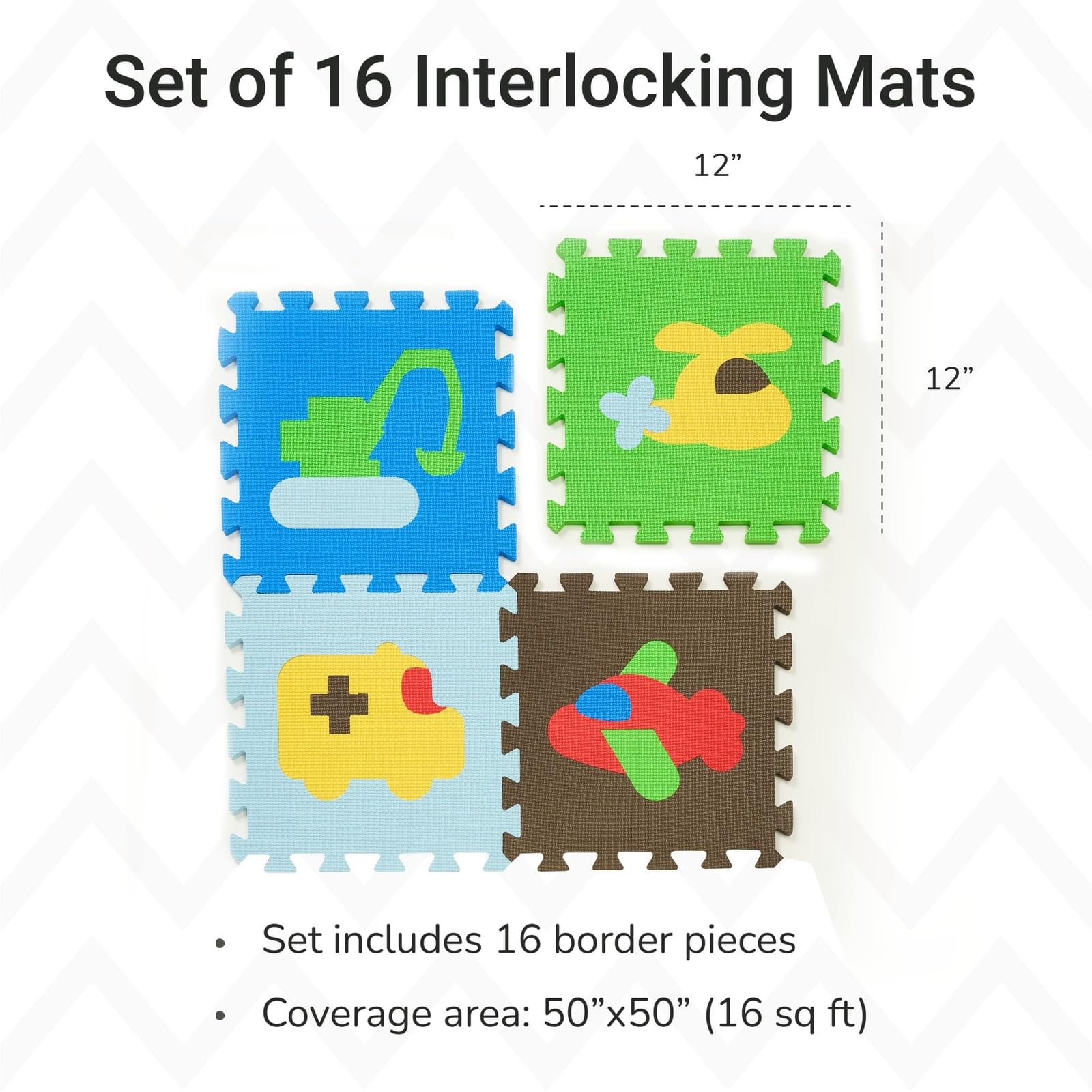 Tadpoles 16 Tiles Transportation Playmat for Kids | Interlocking Tiles with 16 Border Pieces | Soft EVA Foam | Safe & Durable | Total Floor Coverage 50β x 50β | Ages 3 & Up | Multicolor