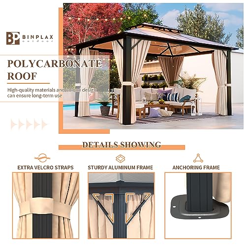 Binplax Hardtop Gazebo Polycarbonate Double Roof Canopy Curtains Aluminum Frame with Netting for Garden, Patio,10' ×13'