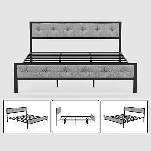 IKIFLY Metal California King Size Bed Frame with Upholstered Linen Headboard Footboard, Mattress Foundation, Heavy Duty Metal Slats, Easy Assembly, No Box Spring Needed - Light Grey/Cal King