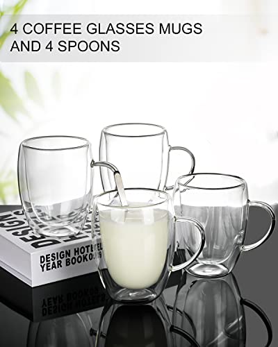 LIBWYS 4 Pack Double Walled Coffee Cups Glasses Mugs, 12oz Espresso Cappuccino Latte Tea Cups with Handle, Heat Resistant Borosilicate Clear Glasses 350ml