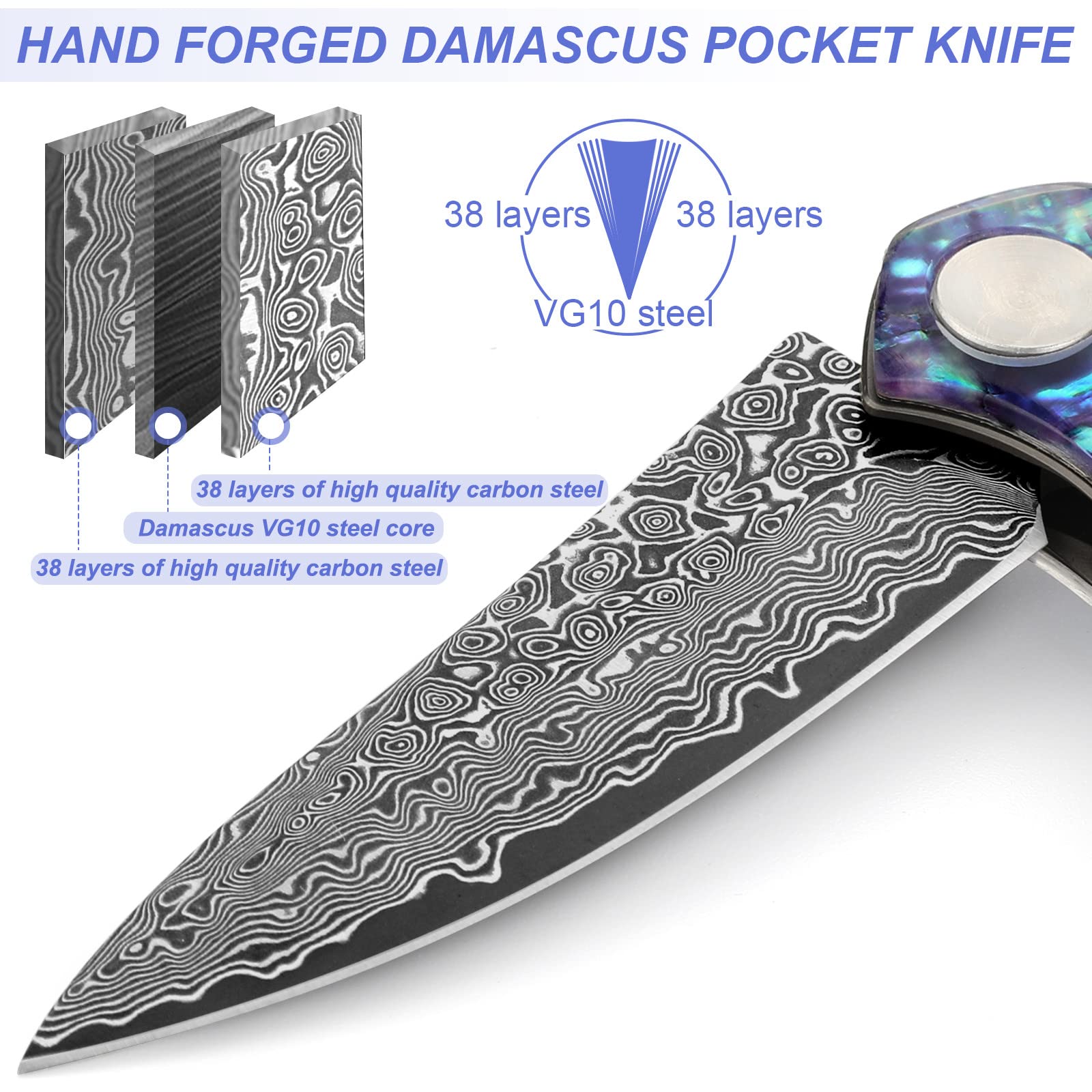 Benkey Abalone Seashells VG10 Damascus Pocket Knife with Clip Leather Sheath and Fixed Blade Hunting Knife Bundles