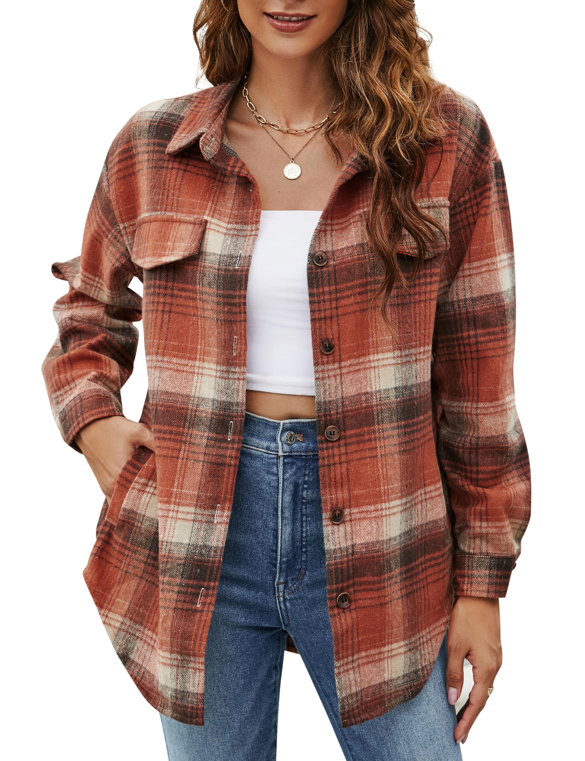 Blooming Jelly Flannel Shirts for Women Long Sleeve Plaid Shirt Shacket Jackets Fall Clothes 2023 (Small, Orange)