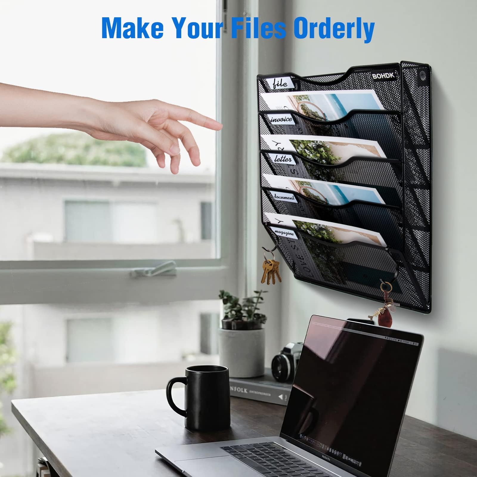BOHDK Wall File Organizer, 5 Tire Hanging File Folder Organizer, Vertical Mesh Metal Door/Wall Mount Hanging File Holder, Paper Document Magazine Rack with Hooks for Home Office Black
