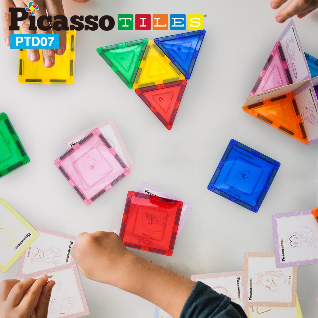PicassoTiles Magnetic Building Tiles Learning Set with Animal, Food and Letters Card Magnet Block Combo Set Attachable Magnify STEM Educational Construction Set for Boys & Girls Ages 3+