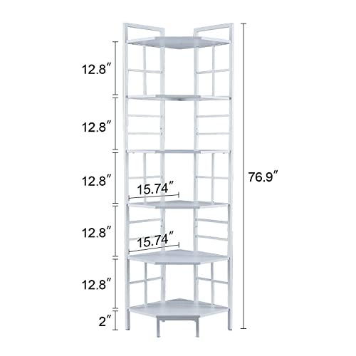 HOMISSUE 6 Tier Industrial Corner Shelf Unit, 76.9β Tall Corner Bookcase Storage Display Organizer Storage Stand for Home Office White
