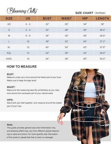 Blooming Jelly Women's Button Down Flannel Shirts Plaid Shacket Long Sleeve Collared Long Jacket Coats（XLarge,Brown Plaid）