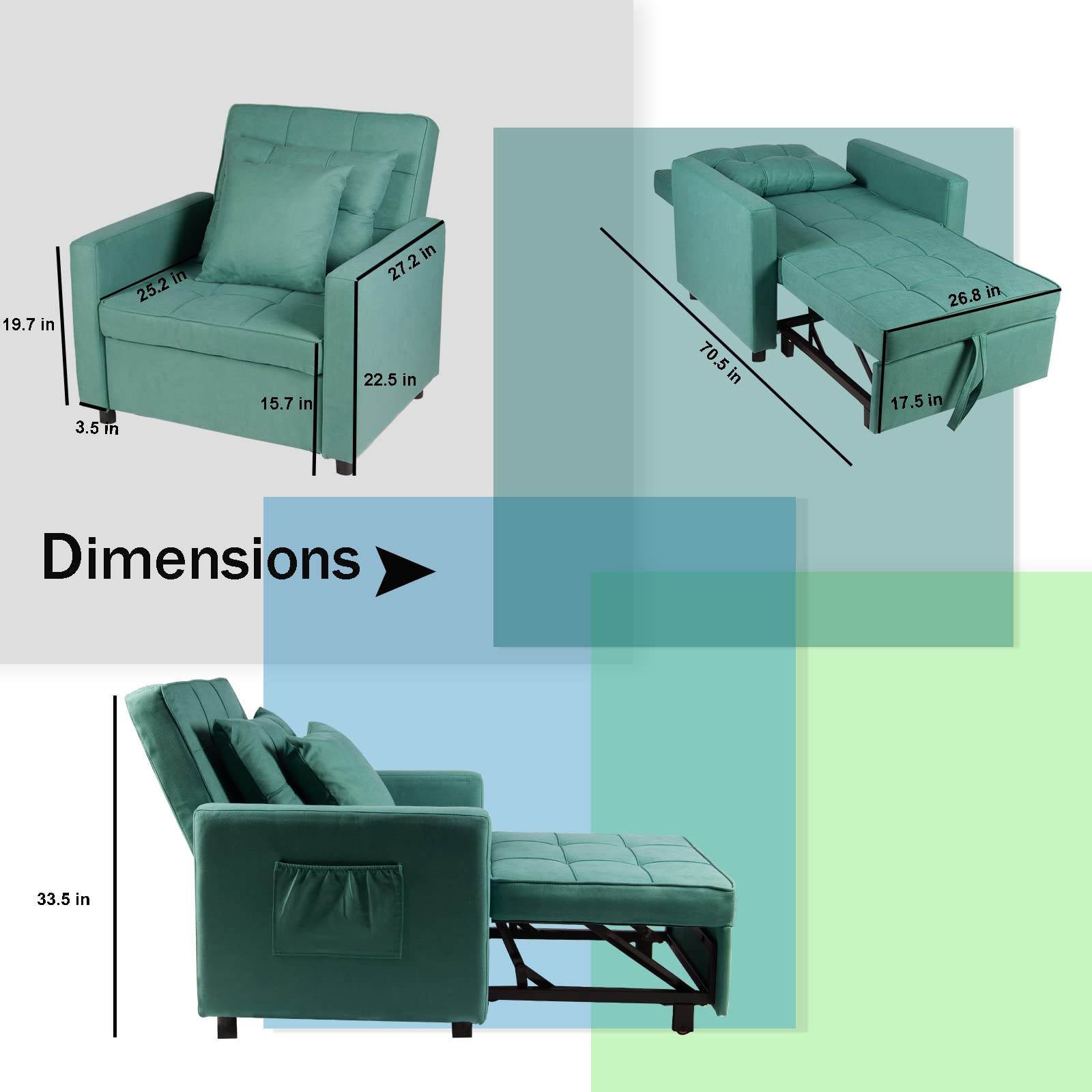 Polar Aurora Sofa Bed Chair 3-in-1 Convertible Chair Bed, Lounger Sleeper Chair, Single Recliner for Small Space with Adjustable Backrest (Green)