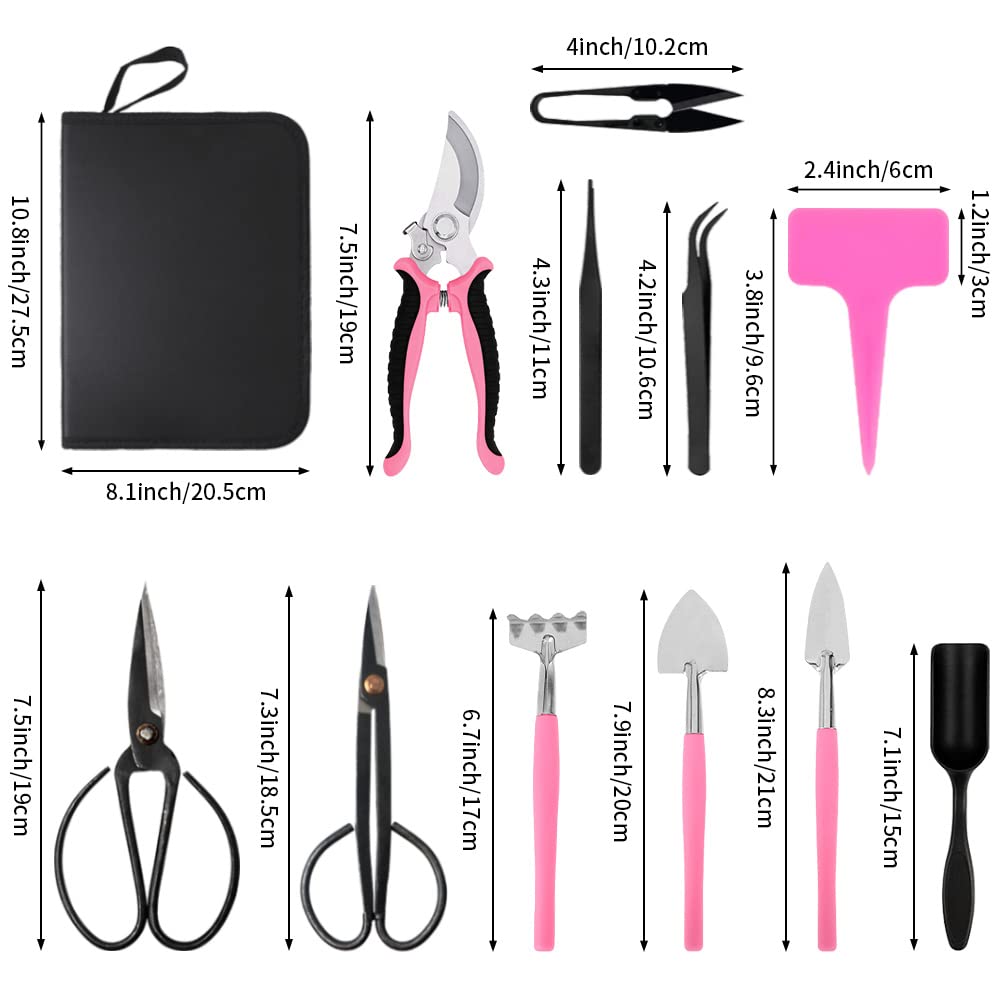 BUDDE Bonsai Tree Kit Tools Set Succulent 21 PCS Garden Hand Tool Include Pruning Shears, Carbon Steel Scissors, Perfect Starter Gardening Trimming Tools(pink), (A2ZJYYPJGJpink)