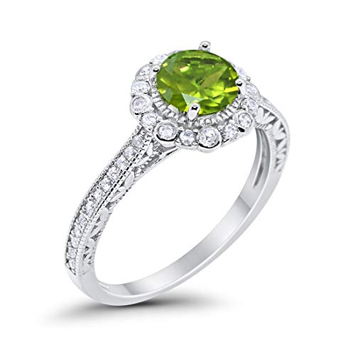 Blue Apple Co. Art Deco Filigree Halo Wedding Engagement Bridal Ring Solid Round Simulated Peridot 925 Sterling Silver, Size-8
