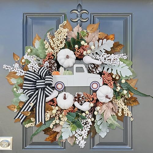 Fall Wreath for Front Door,20 inch Door Wreath with White Pumpkin, Truck Door Wreath,Autumn Harvest Porch Decor, Thanksgiving Farmhouse Decoration Indoor Outdoor,Pumpkin Wreath,Wreath with Ribbon Bow