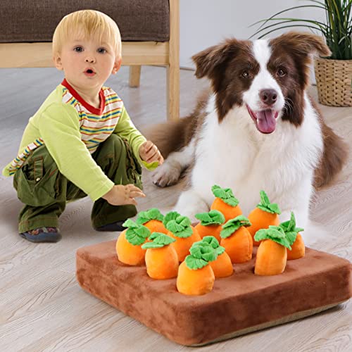 IVVIQQ Interactive Dog Toys,Carrot Snuffle Mat for Dogs Plush Puzzle Toys 2 in 1 Non-Slip Nosework Feed Games Pet Stress Relief with 12 Carrots
