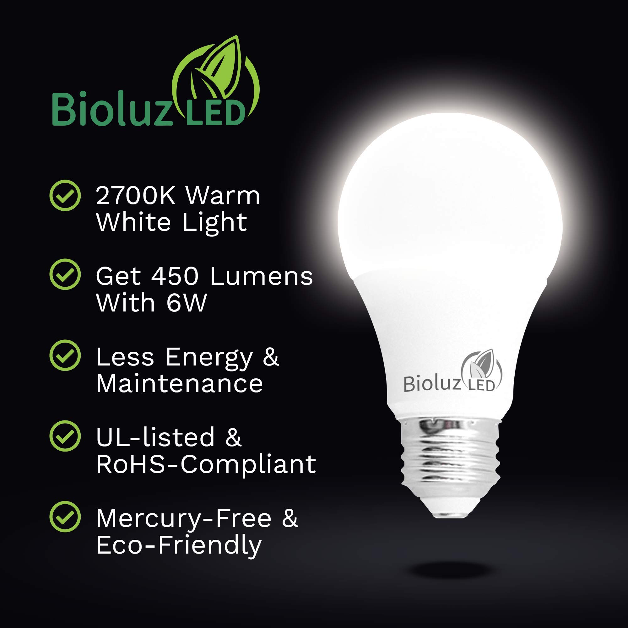 Bioluz LED 60 Watt LED Light Bulb (Uses 9 Watts) A19 LED Light Bulbs See Series Non Dimmable Warm White (2700K) Light Bulb 6-Pack