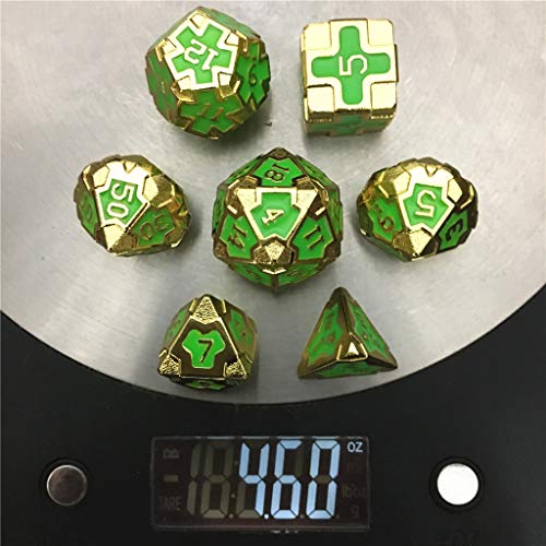 Metal DND Dice Set for Dungeons and Dragons Role Playing Games Tabletop Die (Model B Golden Green Luminous)