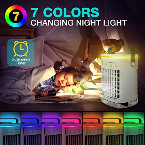 Portable Air Conditioner Fan 4 in1- Desktop Cooling fan with 4 Wind Speed & 2 Spray Modes, 7 Colors LED Light & 2-8H Timer, 700ml Large Watertank High-Efficiency Cooling Fan for Room Office Bedroom Couch Dining Table, Portable USB Power Bank Notebook Powe