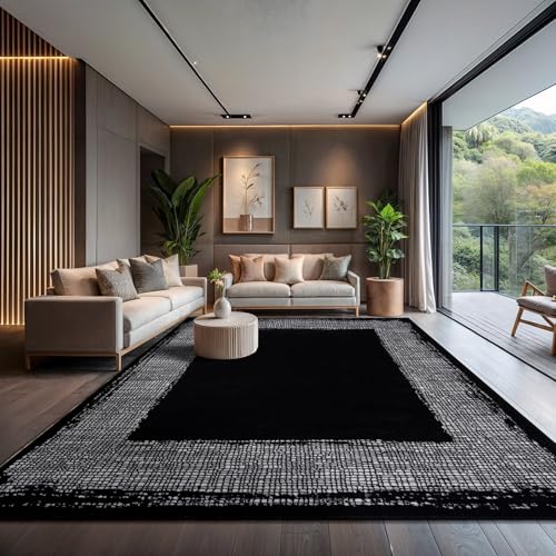 CAMILSON Bordered Black Rug 8x10 Area Rugs for Living Room Bedroom Kitchen Modern Soft Stain Resistant Non-Shedding Indoor Carpet (8 x 10 Black and Cream)