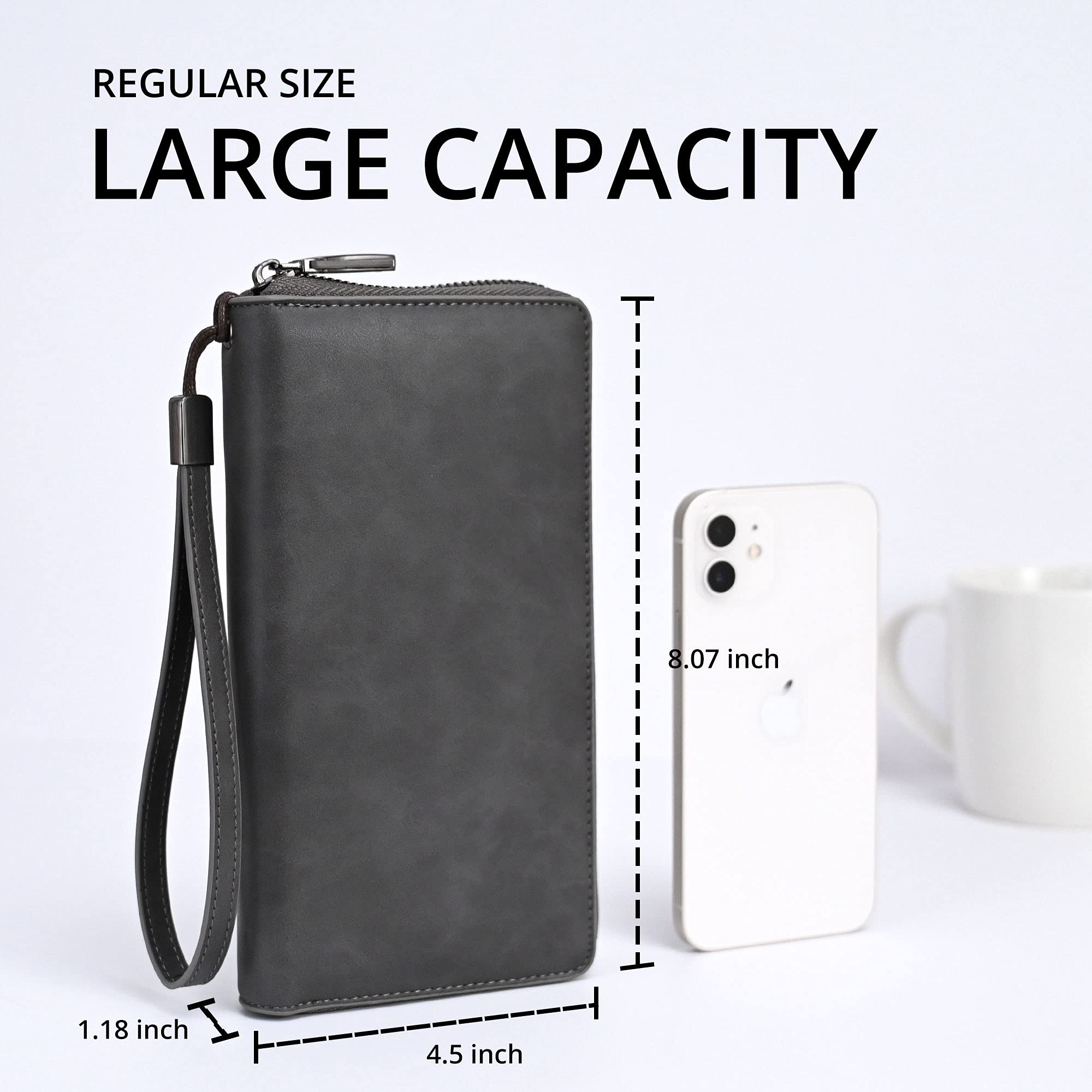 Women's RFID Blocking Leather Zip Around Wallet Large Phone Holder Clutch Travel Purse Wristlet (Grey)