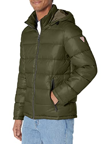 GUESS Men's Mid-Weight Puffer Jacket with Removable Hood, Army Green, Large